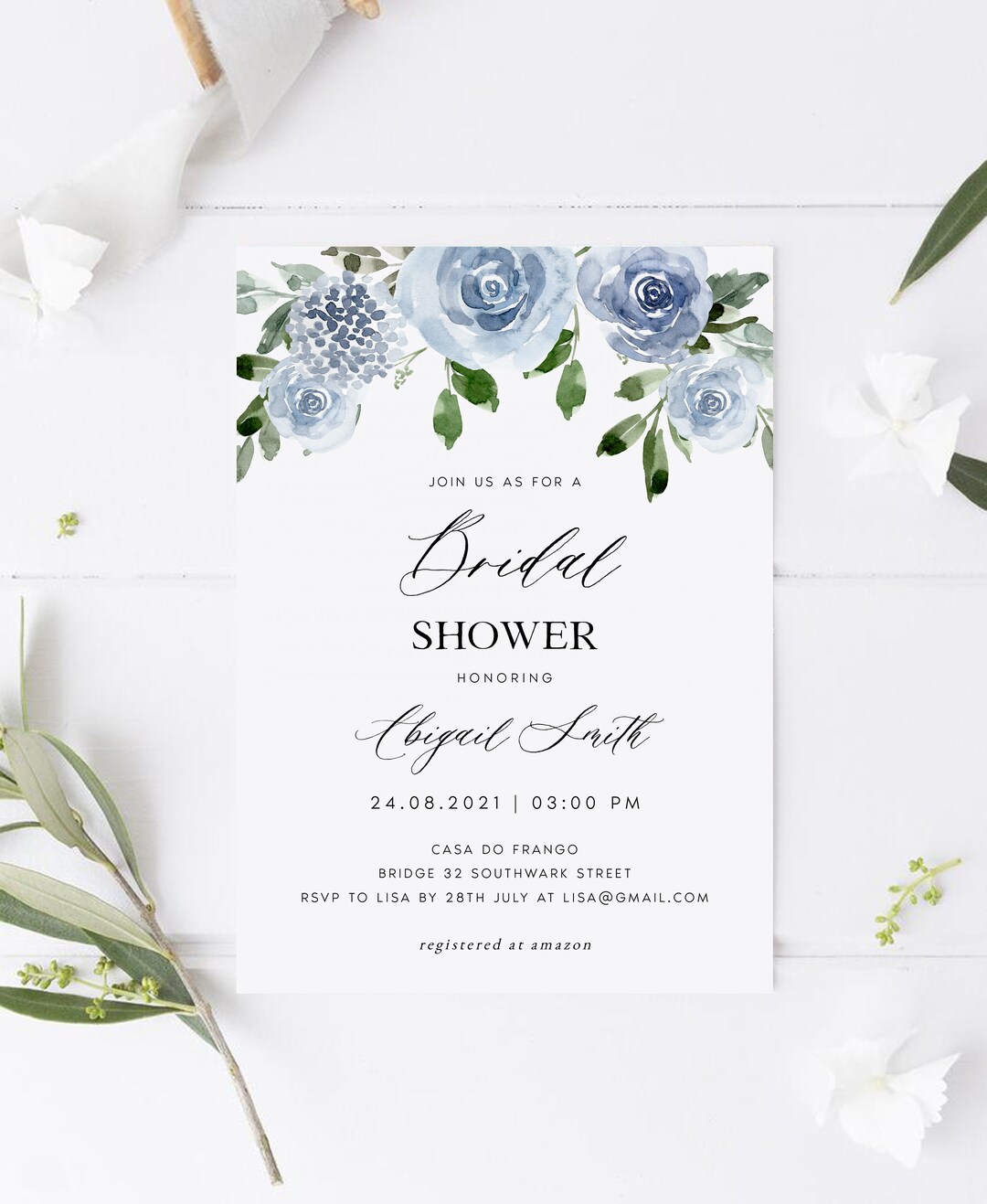 Blue Floral Bridal Shower Invitation, Pale Blue Bridal Invitation ...