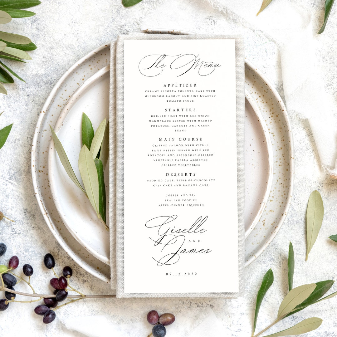 Minimalist Wedding Menu Template, Classic Script Wedding Dinner Menu ...