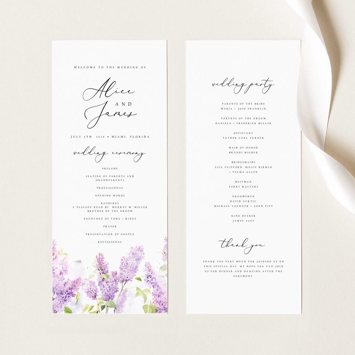 Lavender Wedding Programs Template, Lilac Boho Ceremony Program, Floral ...