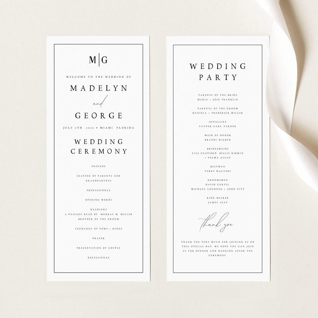 Elegant Wedding Program Template, Minimalist Order of Service ...