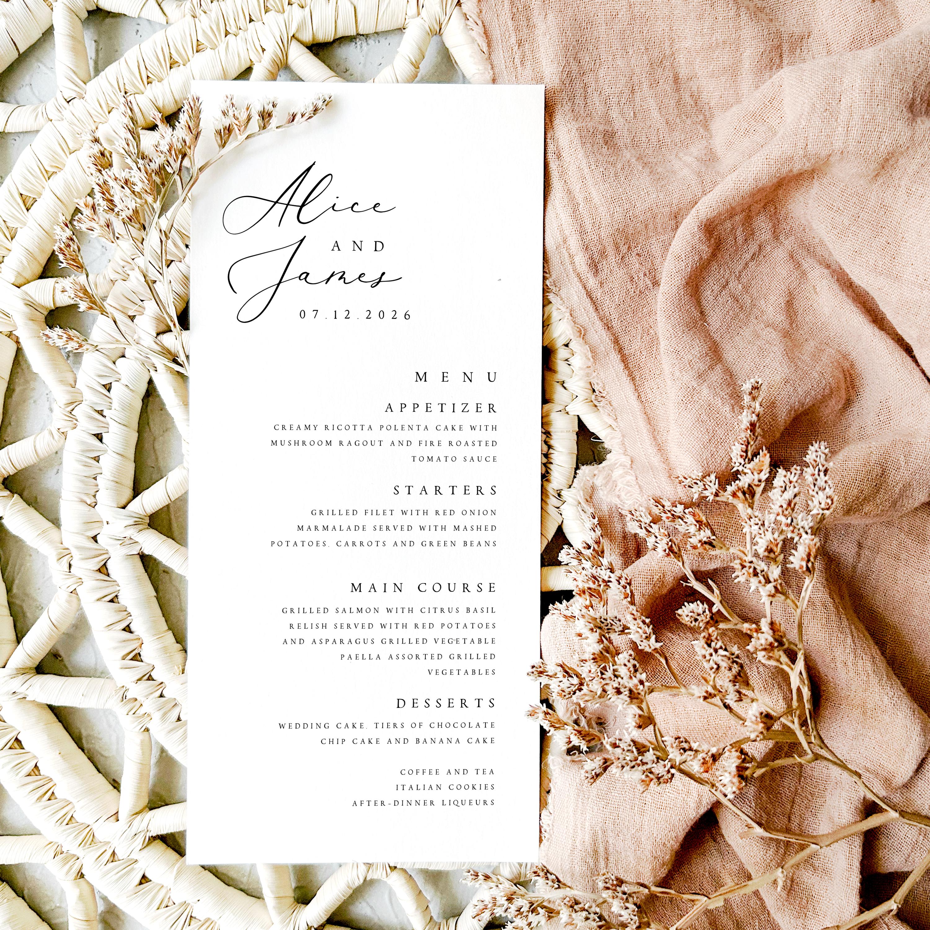 Modern Wedding Menu Template, Minimalist Printable Wedding Menu ...
