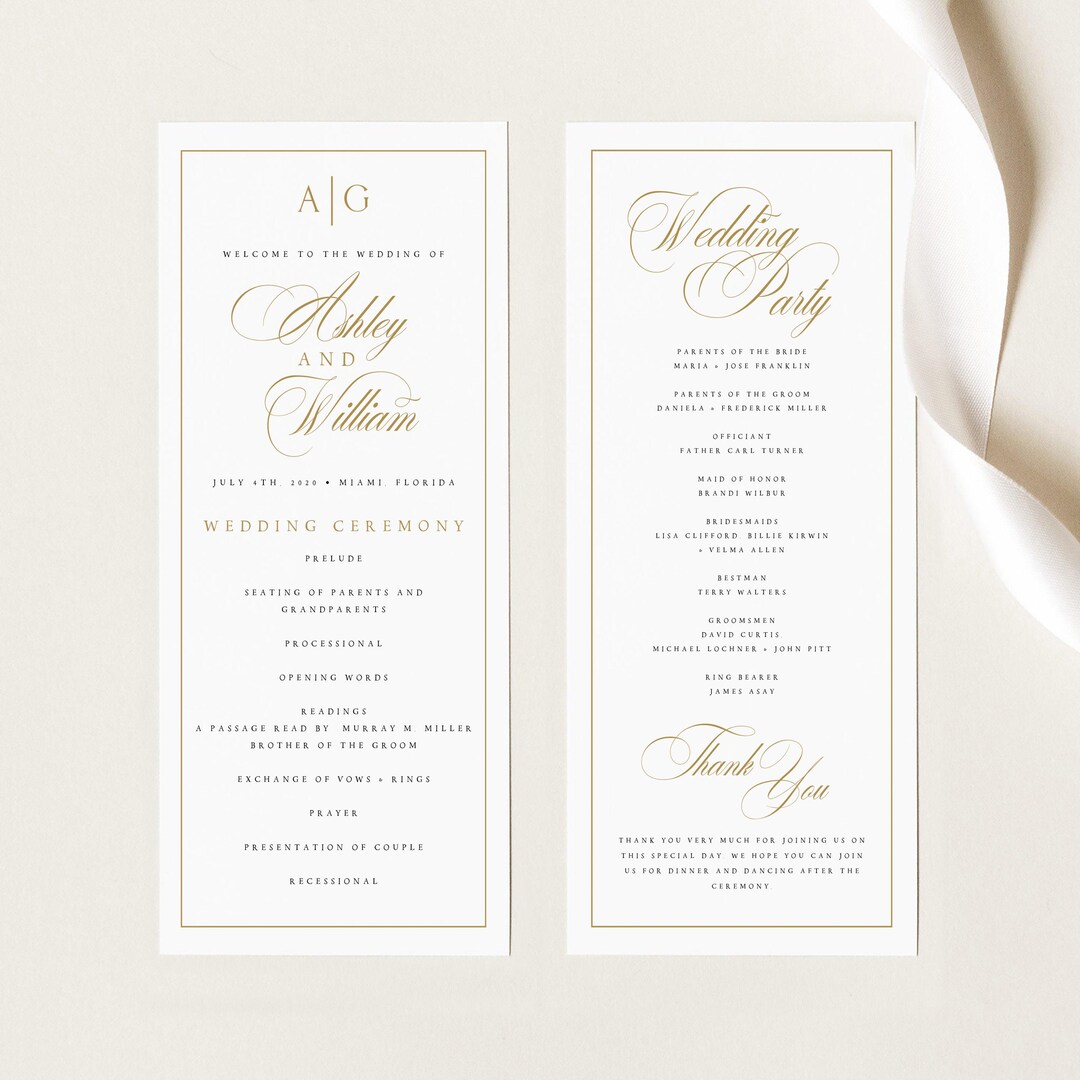 Gold Wedding Program Template, Minimalist Order of Service, Printable Ceremony, DIY Program Card ...