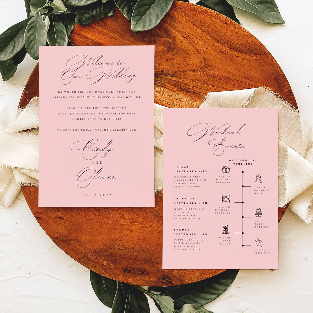 Blush Welcome Letter & Timeline Template, Pink Wedding Order of Events ...