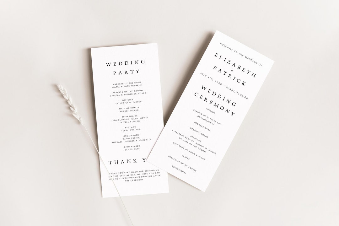 Classic and Elegant Order of Service, Printed Order of Service Wedding ...