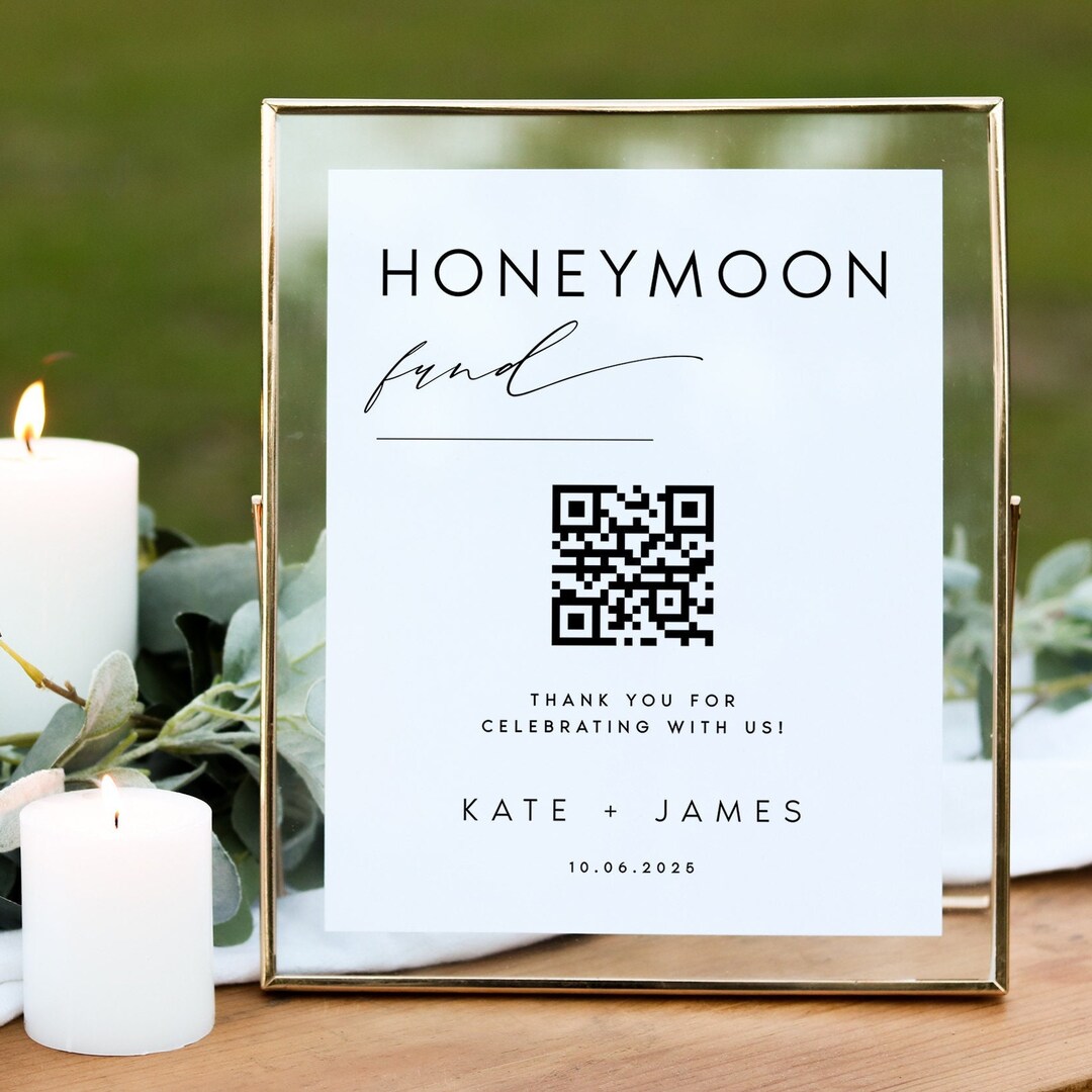 Honeymoon Fund QR Code Wedding Sign Template, Editable Wedding Donation ...