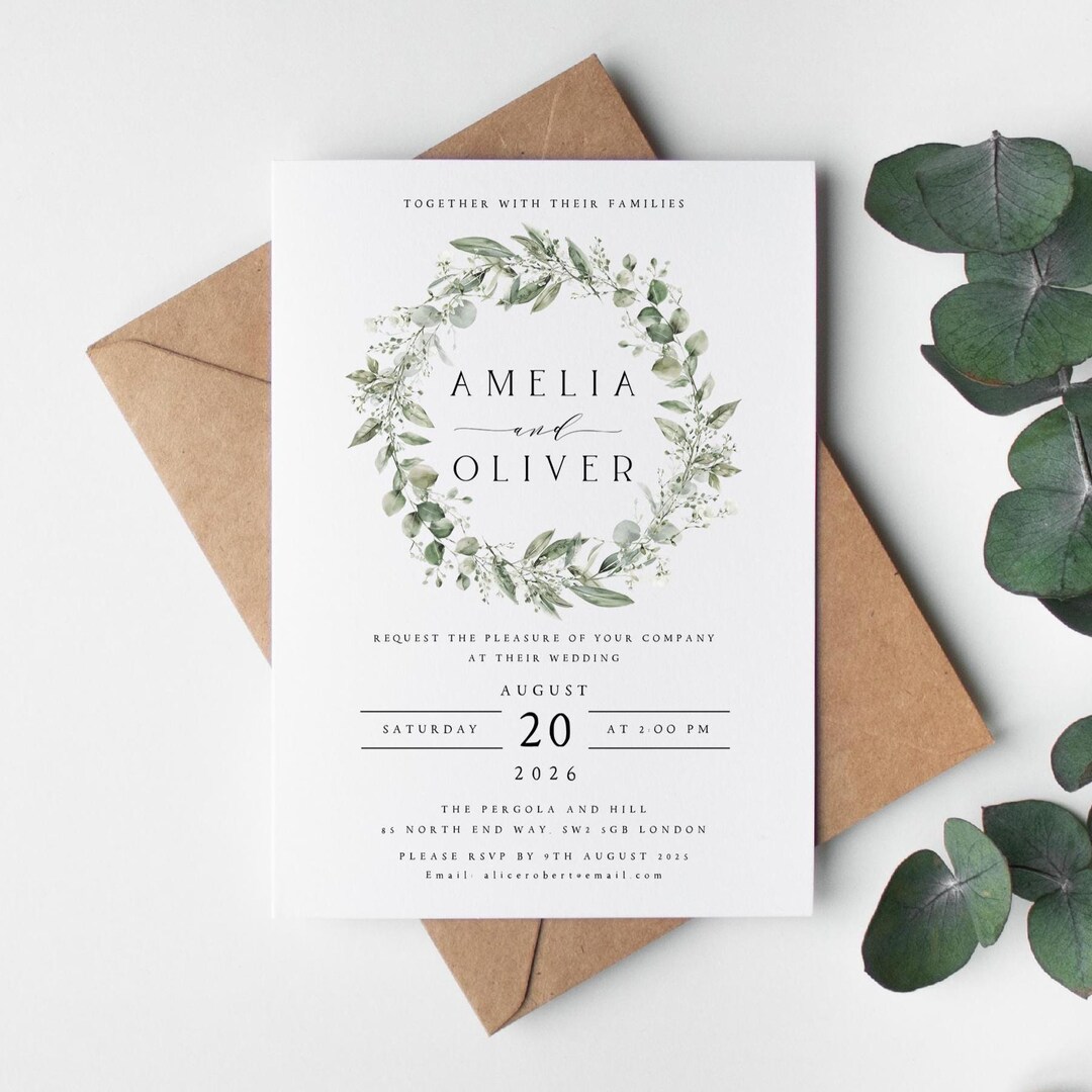 Rustic Greenery Flat Wedding Invitations, Elegant Wedding Invite ...