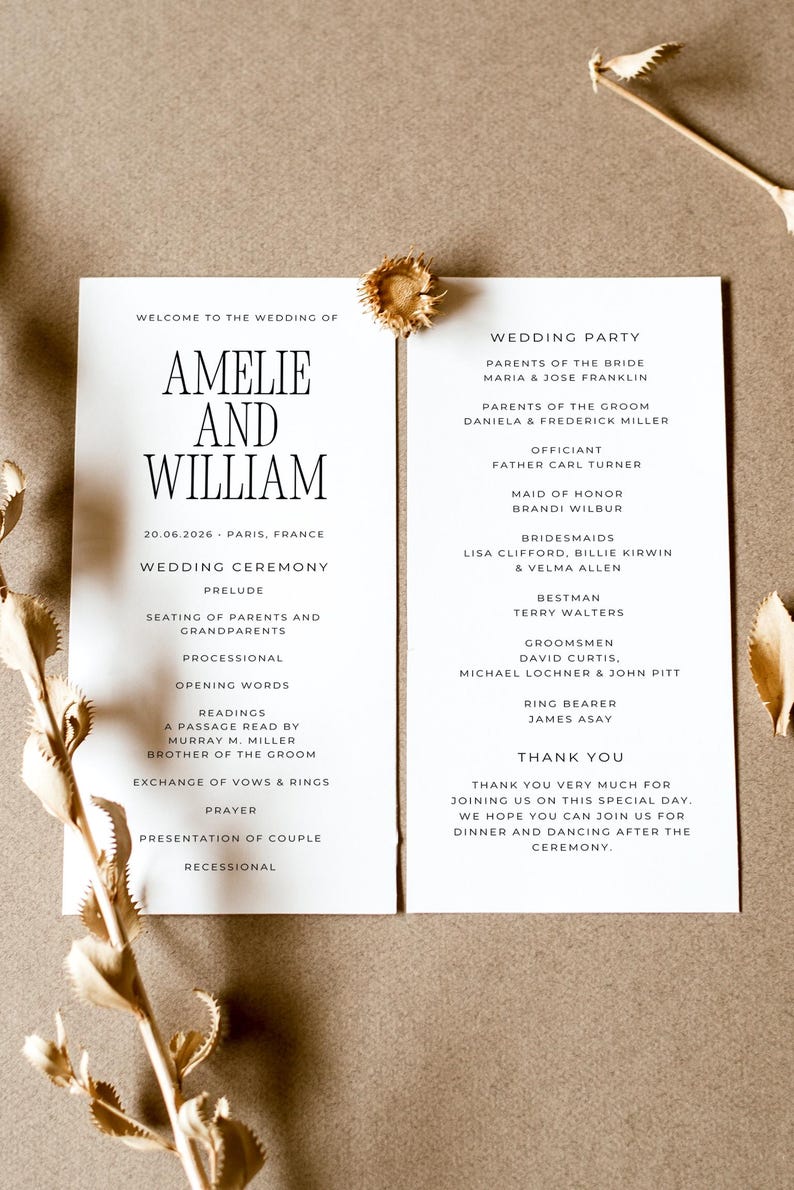 Modern Wedding Program Template, Minimalist Order of Service, Printable ...