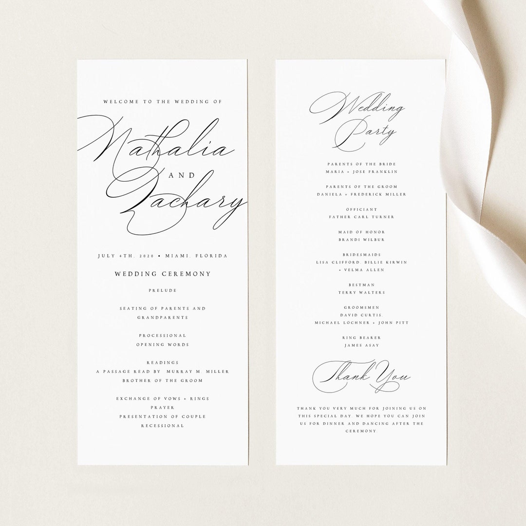 Elegant Wedding Program Template, Minimalist Script Order of Service, Printable Ceremony Program ...