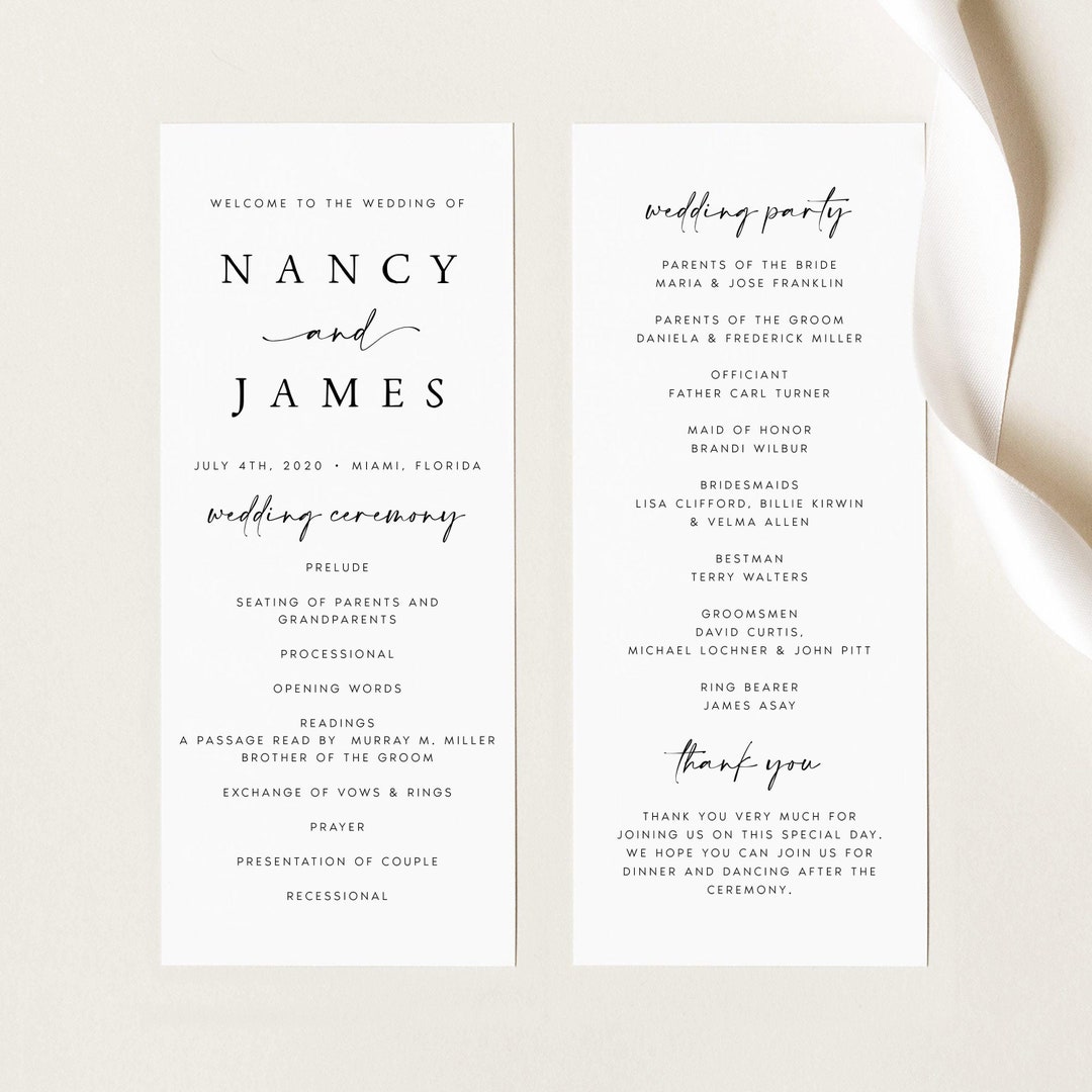 Modern Wedding Program Template, Minimalist Order of Service Printable ...
