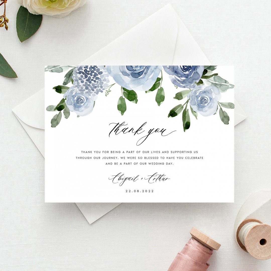 Dusty Blue Thank You Card Template, Pale Blue Floral Wedding Thank You ...