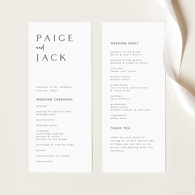 Minimalist Wedding Program Template Modern Order of Service | Etsy