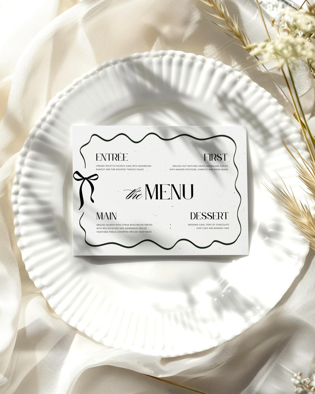 Wavy Border Wedding Menu Card Template: Horizontal, Modern, Minimalist ...