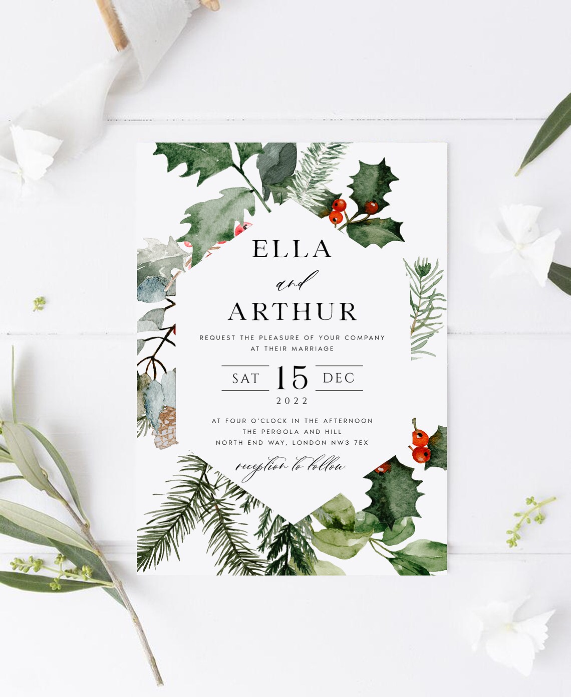 Winter Wedding Invitation Set, Printable Pine Wedding Suite, Christmas ...