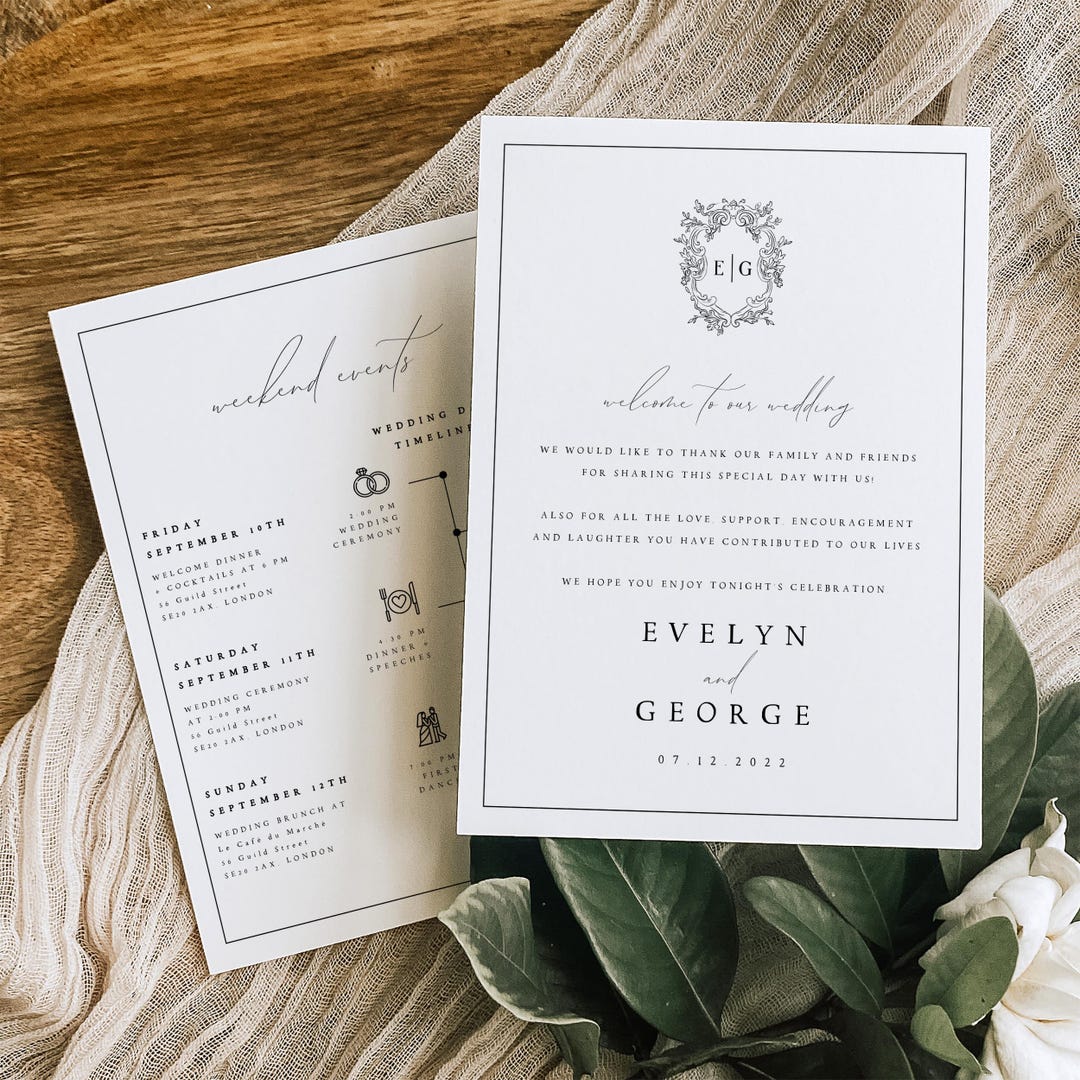 Monogram Wedding Weekend Itinerary Template, Crest Wedding Program ...