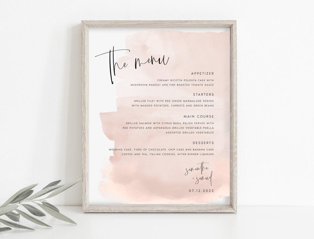 Watercolor Tabletop Menu Template, Pink, Blush, Elegant, INSTANT ...