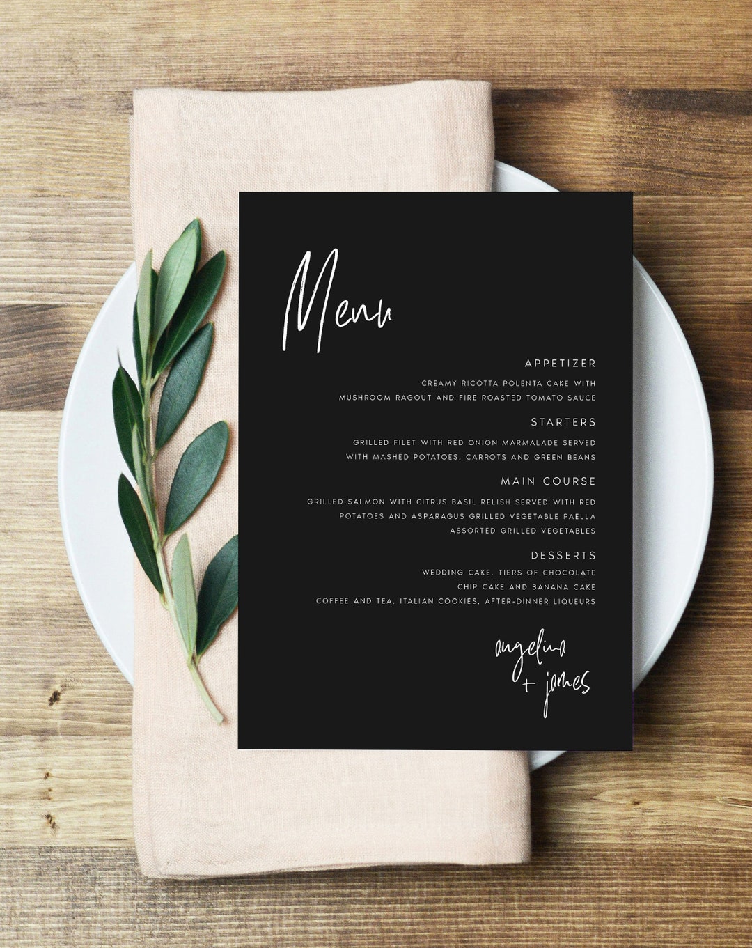 Black Modern Calligraphy Wedding Menu Template, Minimal Dark Reception ...