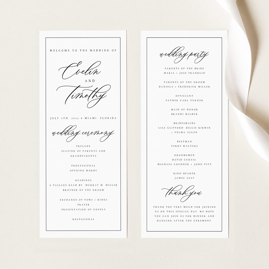 Modern Wedding Program Template, Minimalist Order of Service, Printable ...