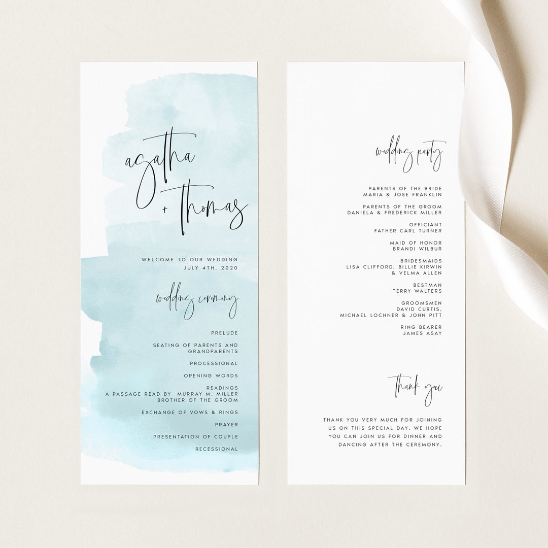 Baby Blue Wedding Program Template, Modern Watercolor Brush Effect ...
