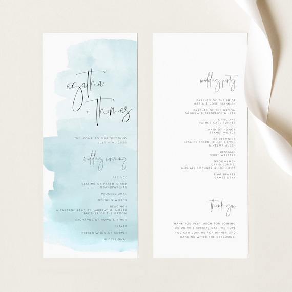 Baby Blue Wedding Program Template Modern Watercolor Brush - Etsy