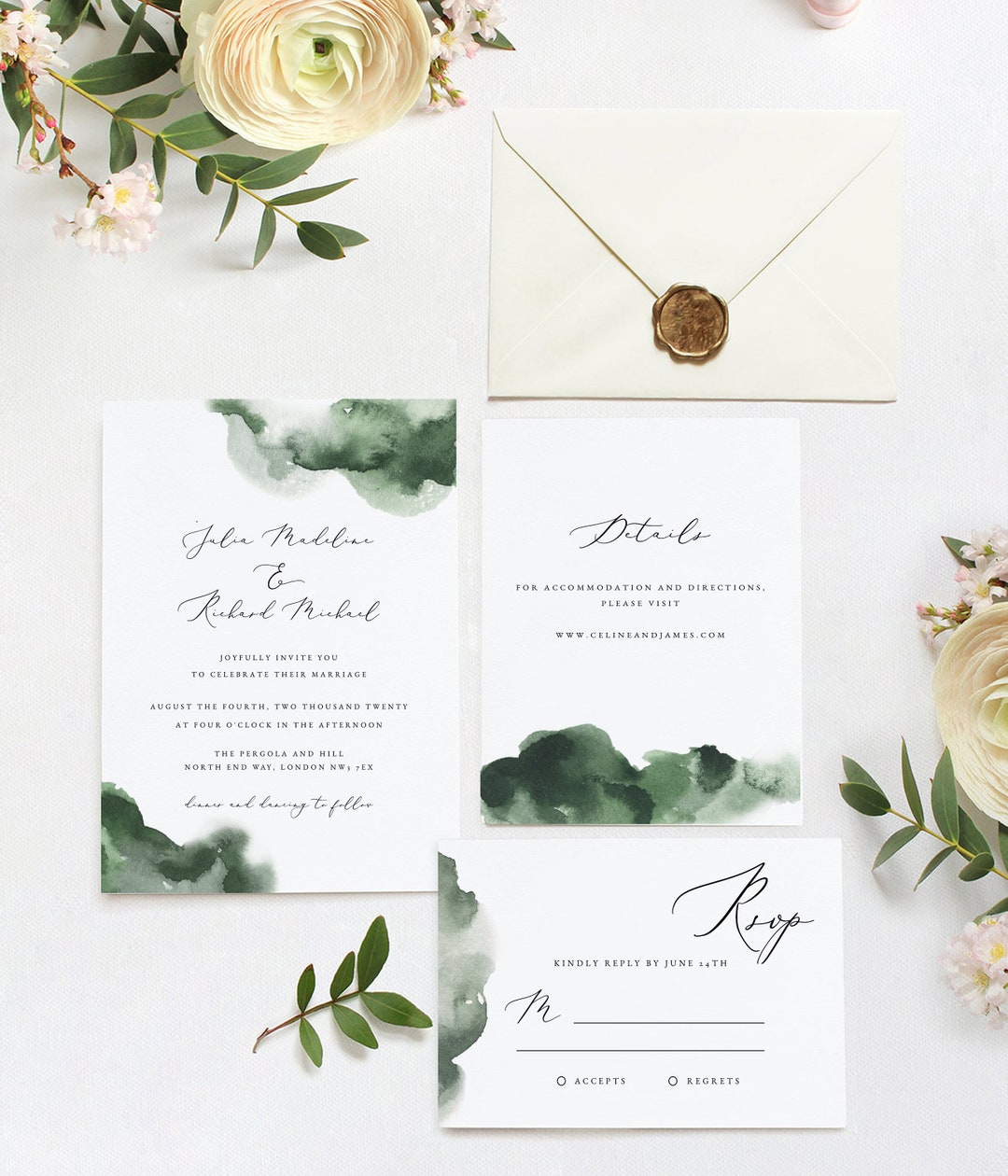Watercolor Brush Wedding Invitation Template, Printable Invite, RSVP and Details, INSTANT ...