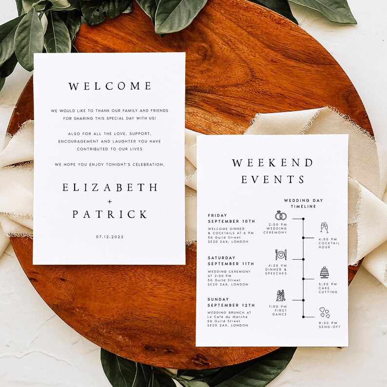 Printed Wedding Weekend Itinerary Program Cards: Weekend Timeline ...