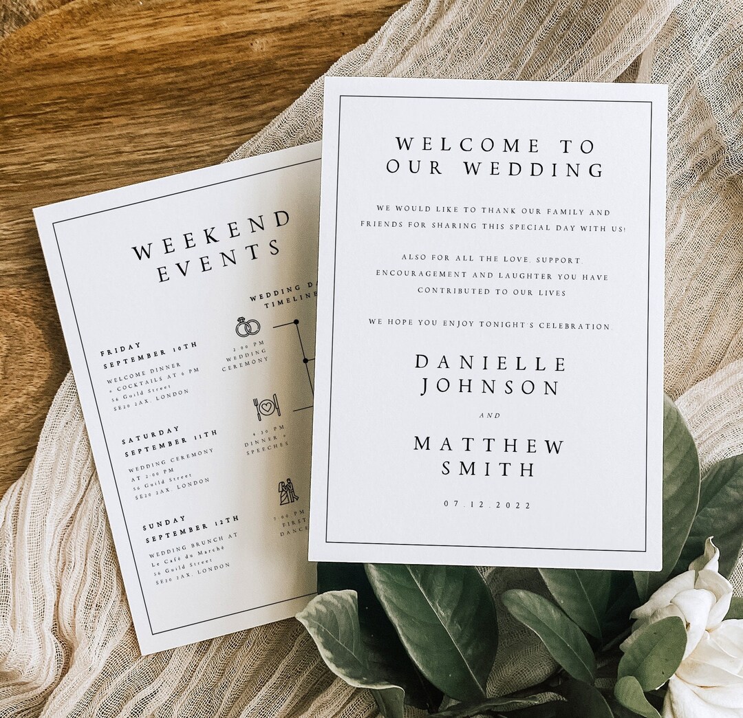 Modern Welcome Letter & Timeline Template, Minimalist Wedding Order of ...