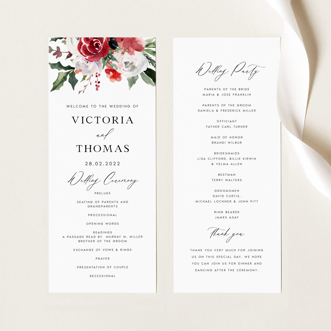 Winter Wedding Program Template, Holiday Order of Service, Printable Ceremony, Red & Greenery ...
