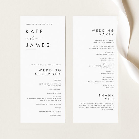 Programs Paper Modern Wedding Program Template; Minimal Wedding Program ...