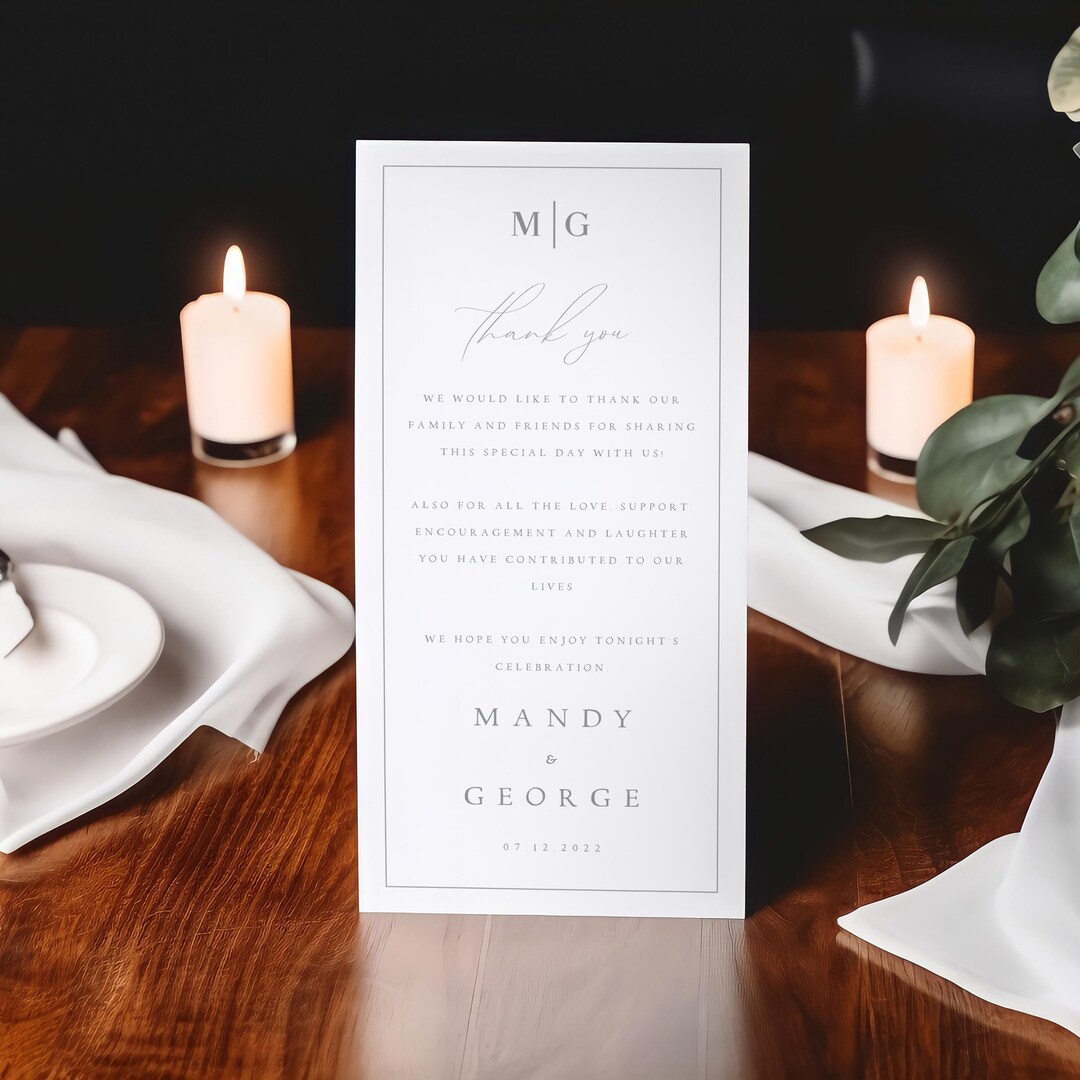 Monogram Thank You Place Card Template, Place Setting Thank You, Black ...