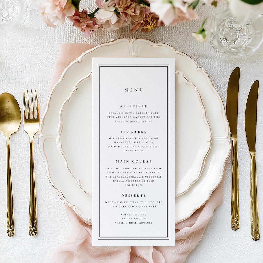 Printed Simple Elegant Wedding Menus, Modern Minimal Printed Menu Card for Wedding, Personalised ...