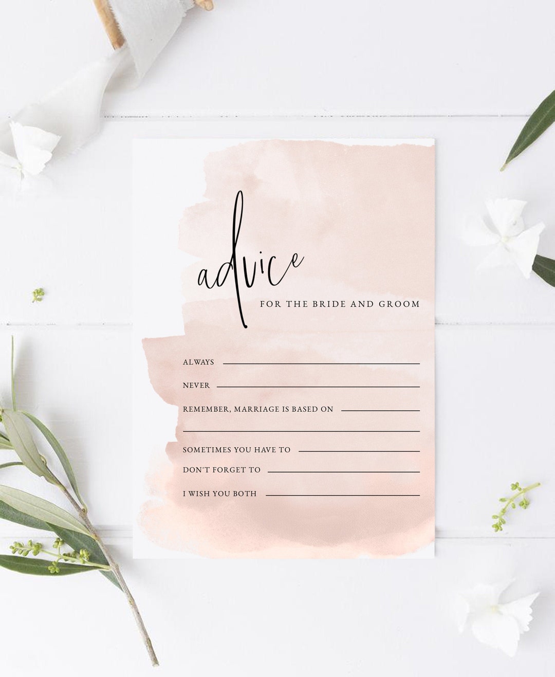 Modern Bridal Shower Advice Card Template, Pink Watercolor Wedding ...