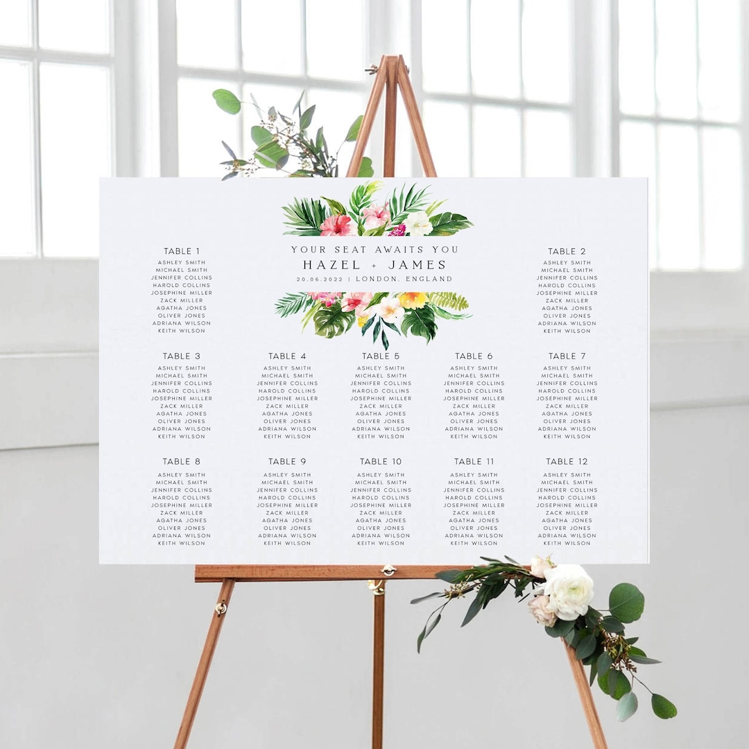 Tropical Wedding Seating Chart Template, Greenery & Pink (digital ...