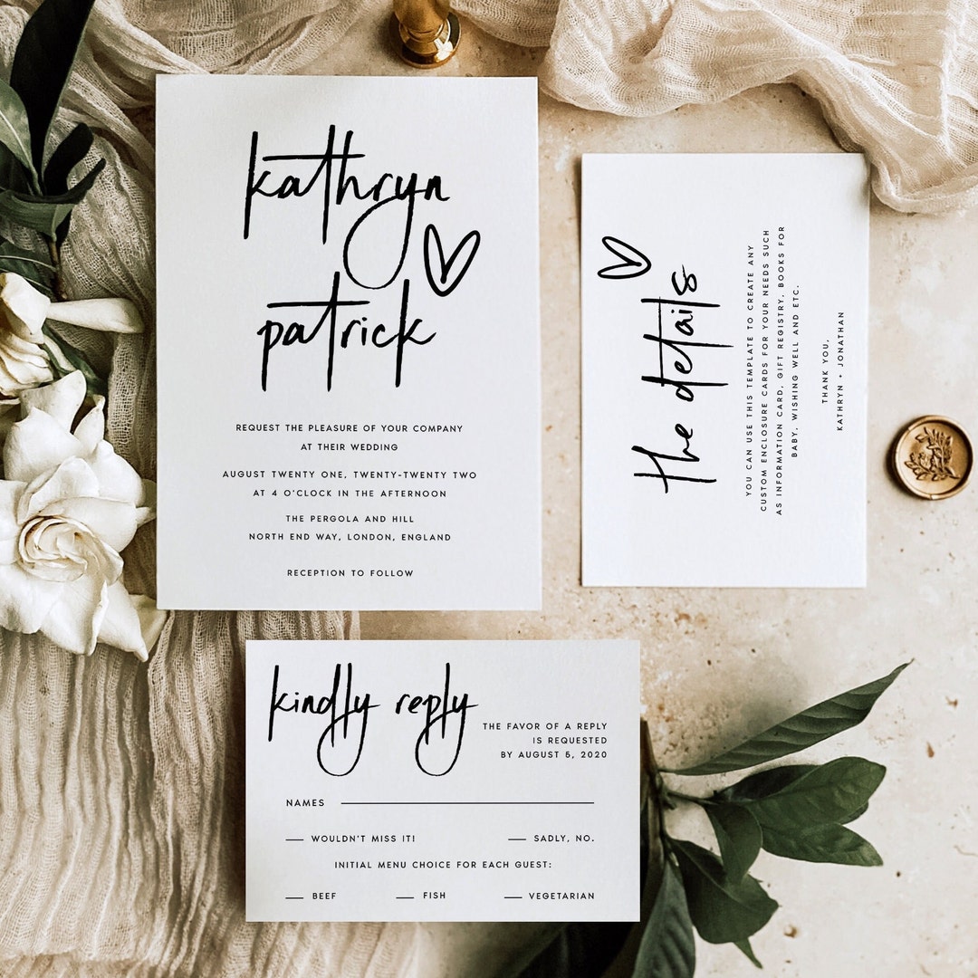 Modern Wedding Invitation Set Template, Minimalist, 100% Editable ...