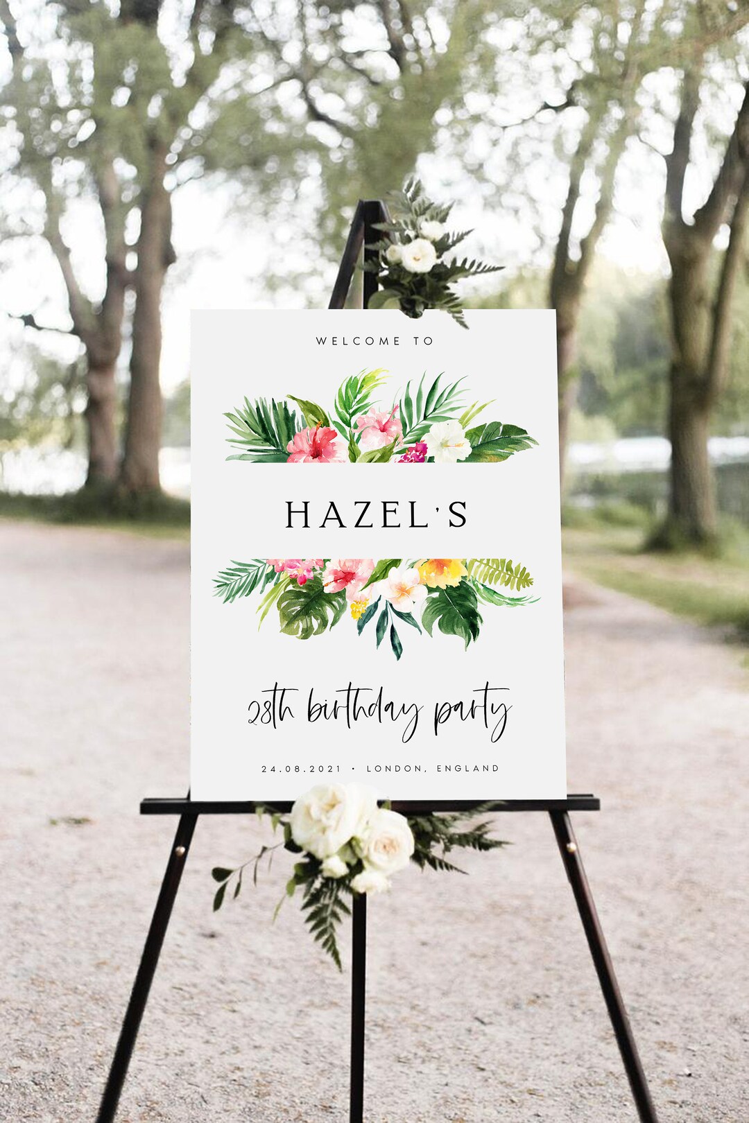 Tropical Beach Birthday Welcome Sign, Greenery & Pink Birthday Party ...