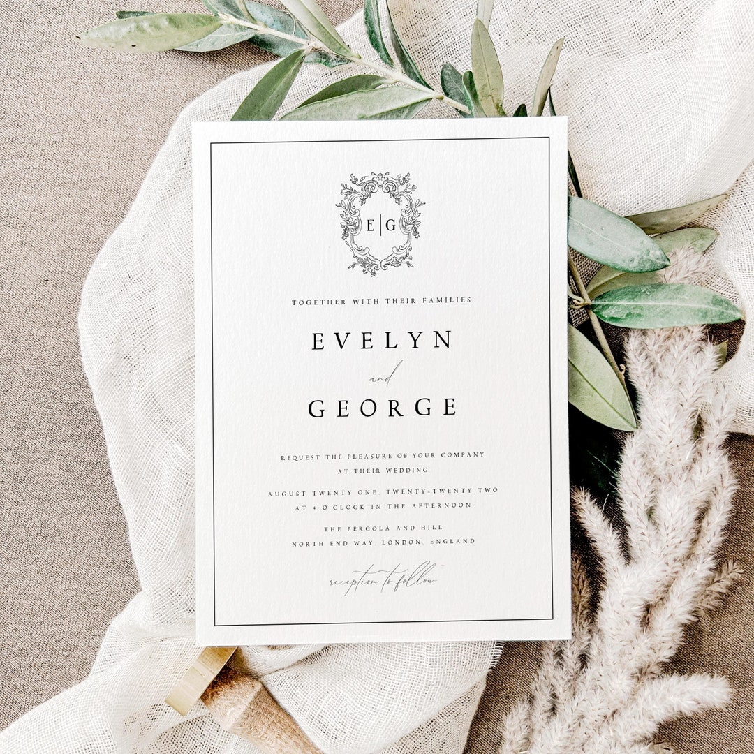 Classic Crest Wedding Invitation Template, Minimalist, Monogram Invite ...