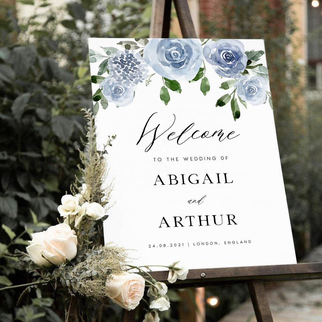 Pale Blue Wedding Welcome Sign, Floral Wedding Sign, Portrait, Wedding ...