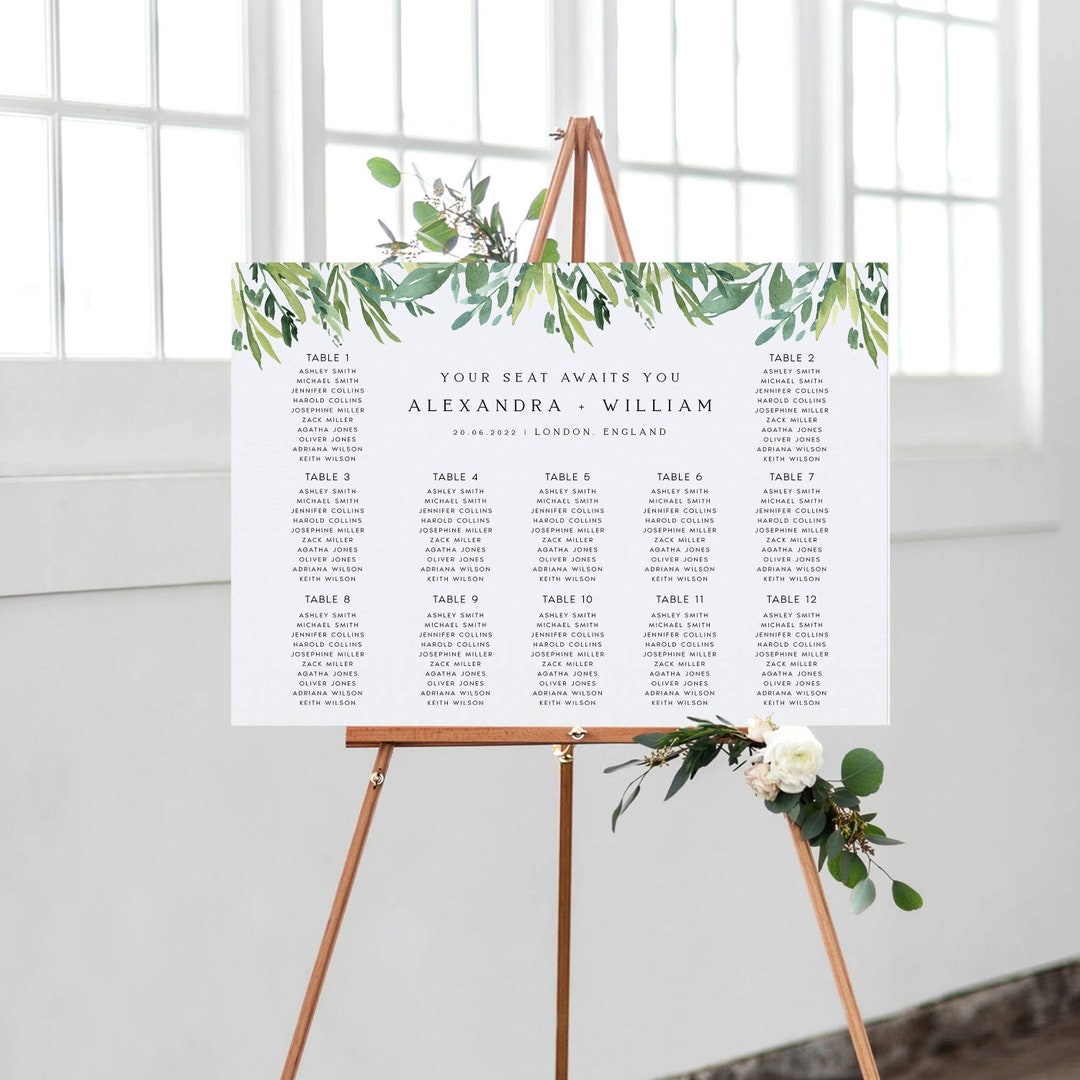 Seating Chart Template Rustic Greenery Editable Instant - Etsy