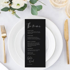 Black Modern Calligraphy Wedding Menu Template, Minimal Dark Reception ...