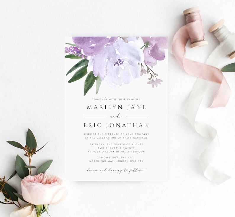 Lavender Floral Wedding Invitation Template, Lilac Printable (digital ...