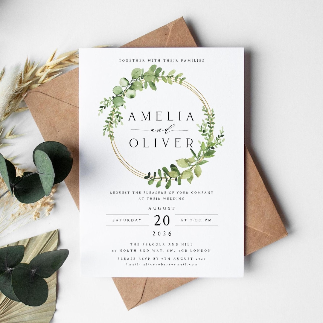 Rustic Greenery Flat Wedding Invitations, Elegant Wedding Invite ...