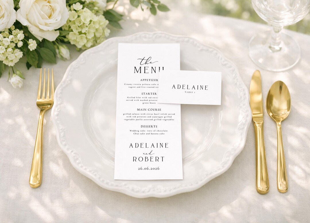 Modern Wedding Menu With Name Tags: Elegant Dinner Cards, Minimalist ...