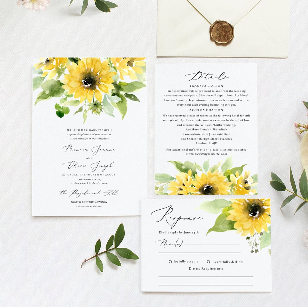 Sunflower Wedding Invitation Template, Yellow , Editable, Printable ...