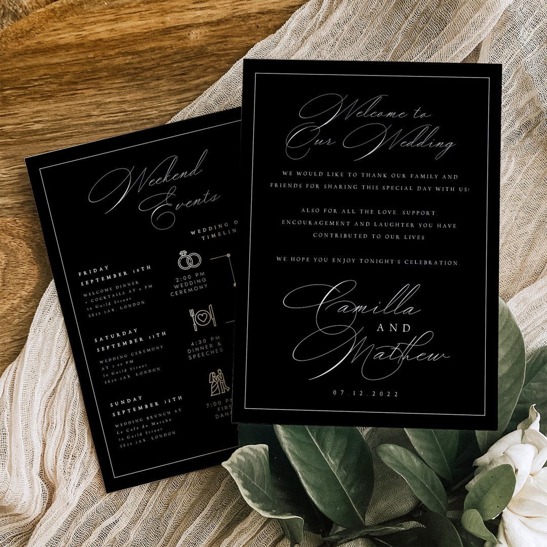Black Wedding Itinerary Template, Minimalist Timeline (digital Download ...