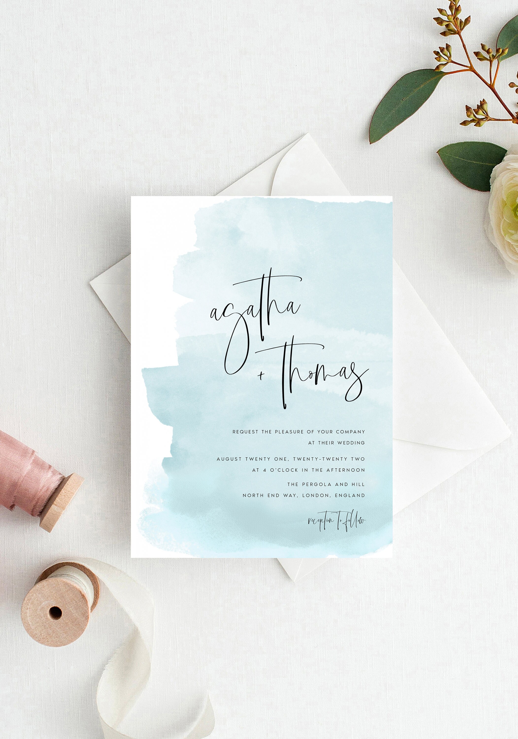 Baby Blue Watercolor Wedding Invitation Modern Printable | Etsy