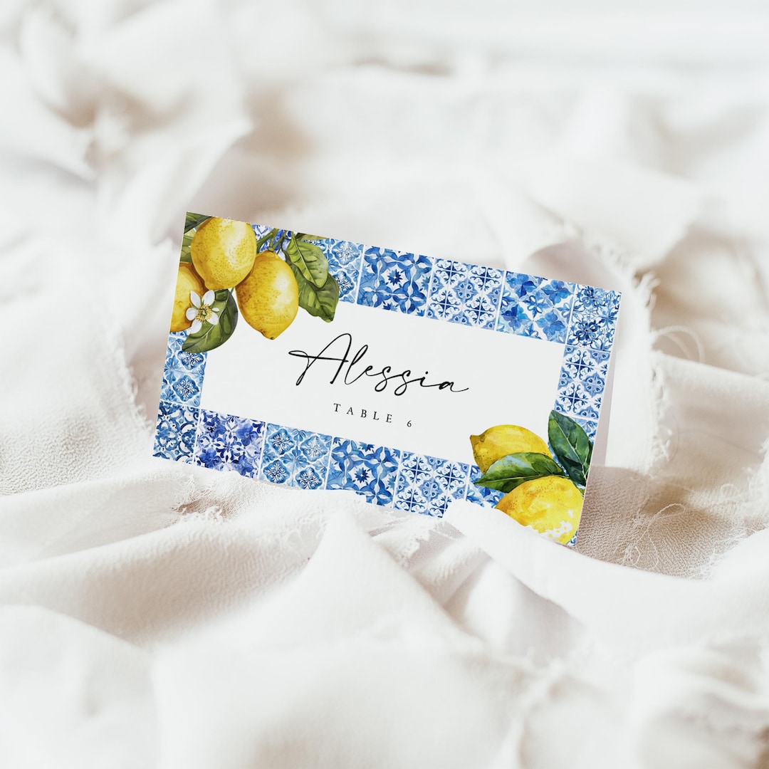 Mediterranean Wedding Place Card Template: Blue Tile, Lemon (digital ...