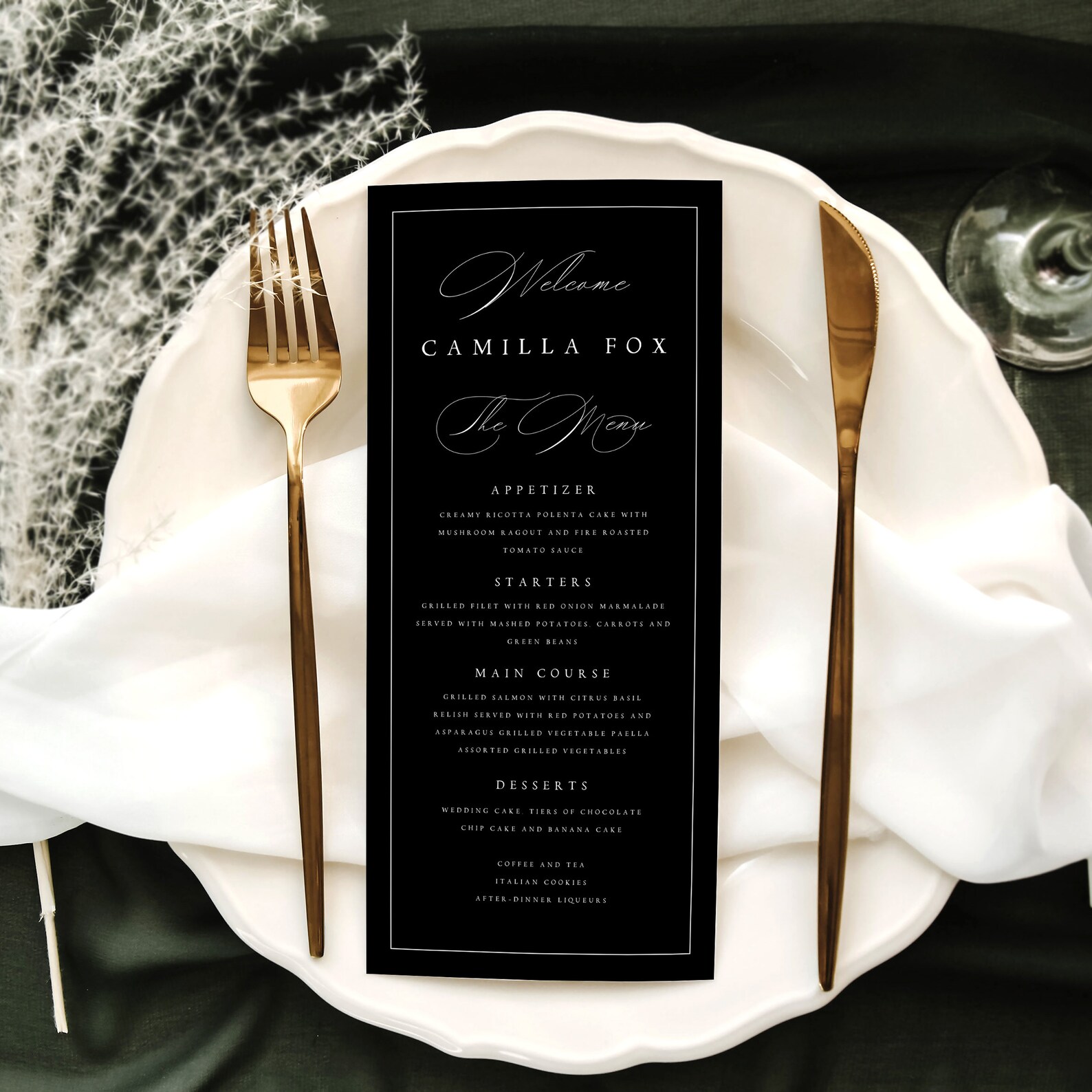 Black Wedding Menu Template, Elegant Place Card (INSTANT DOWNLOAD) CMLA ...