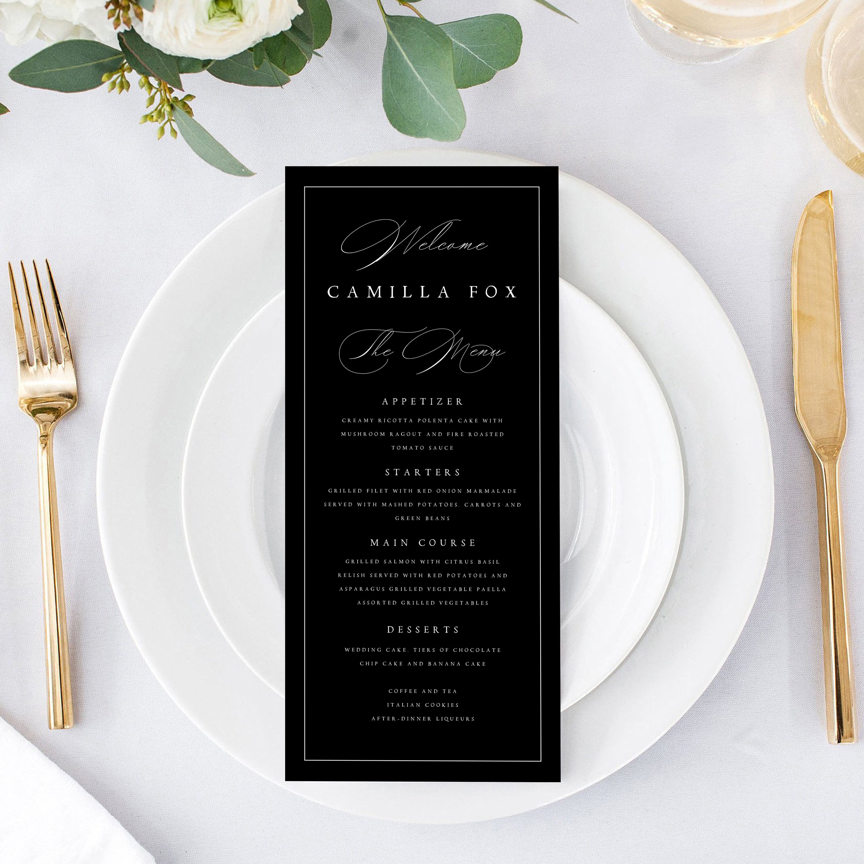 Black Wedding Menu Template, Elegant Place Card (INSTANT DOWNLOAD) CMLA ...