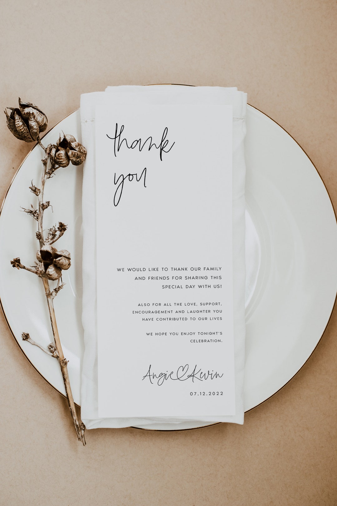Modern Wedding Table Thank You Card Template Minimal - Etsy