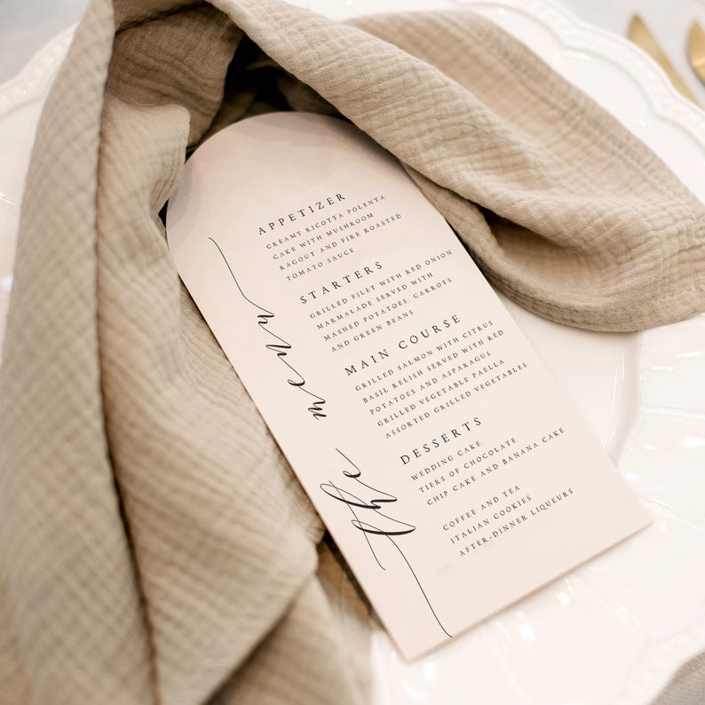 Arch Shape Wedding Menu Cards, Printed Matte Textured Paper, Black Ink ...