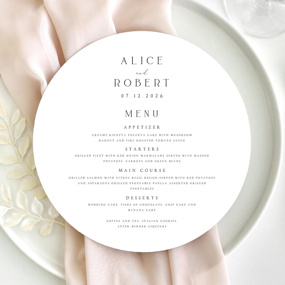 Round Wedding Menu Cards, Round Menu Cards, Modern Minimalist Textured ...